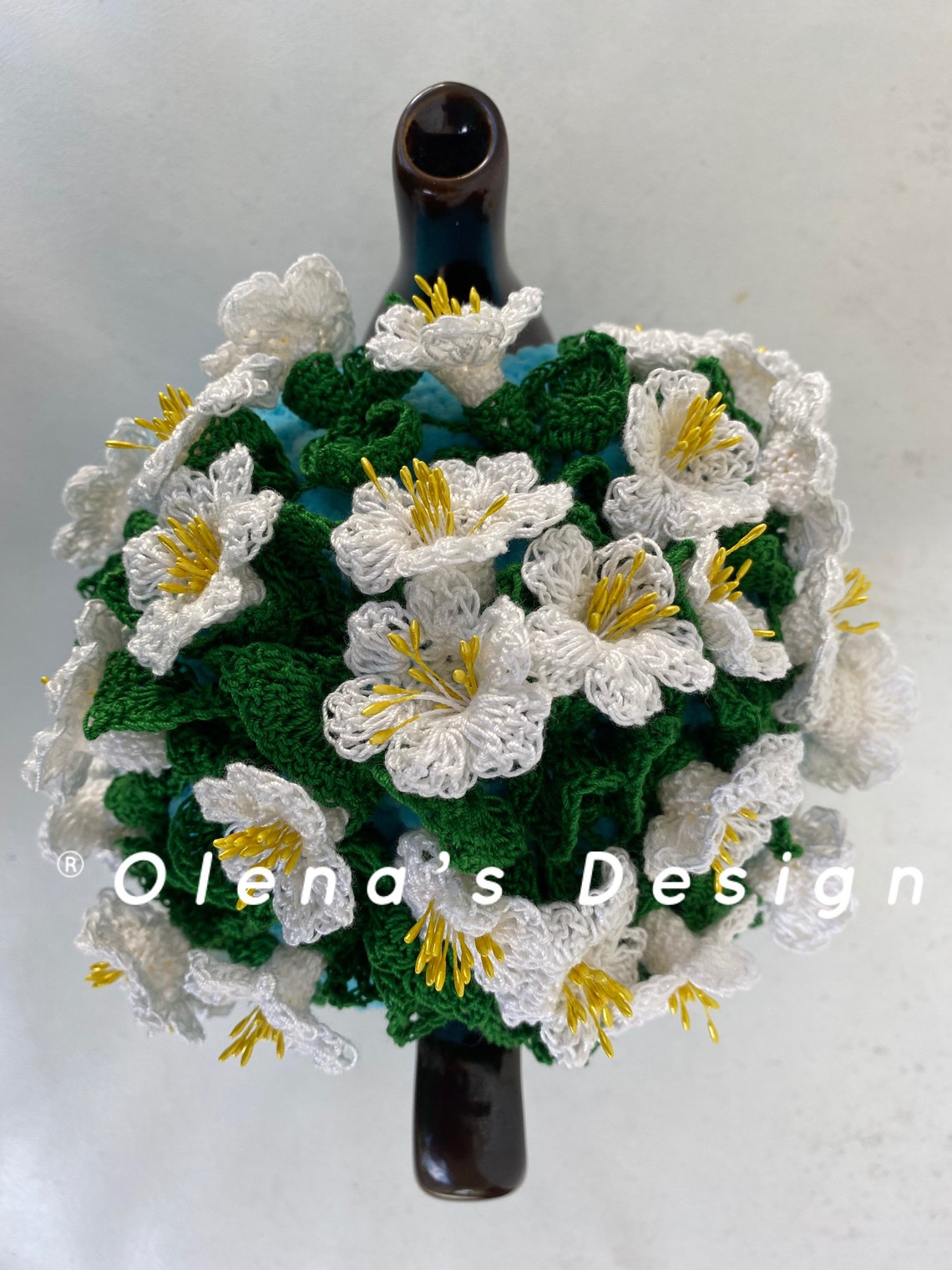 Crochet Tea Cozy Blue Tea Cover White Blossom Tea Cosy Tea - Etsy