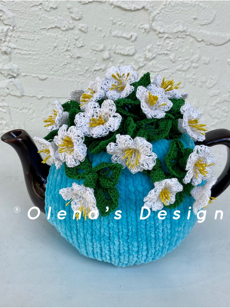 Crochet Tea Cozy Blue Tea Cover White Blossom Tea Cosy Tea Warmer ...