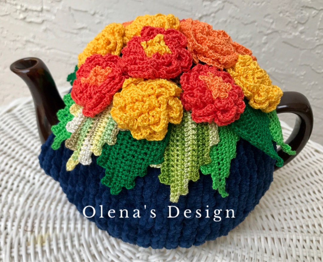 Crochet Tea Cozy Navy Blue Tea Cover Marigold Flower Tea Cosy Tea ...