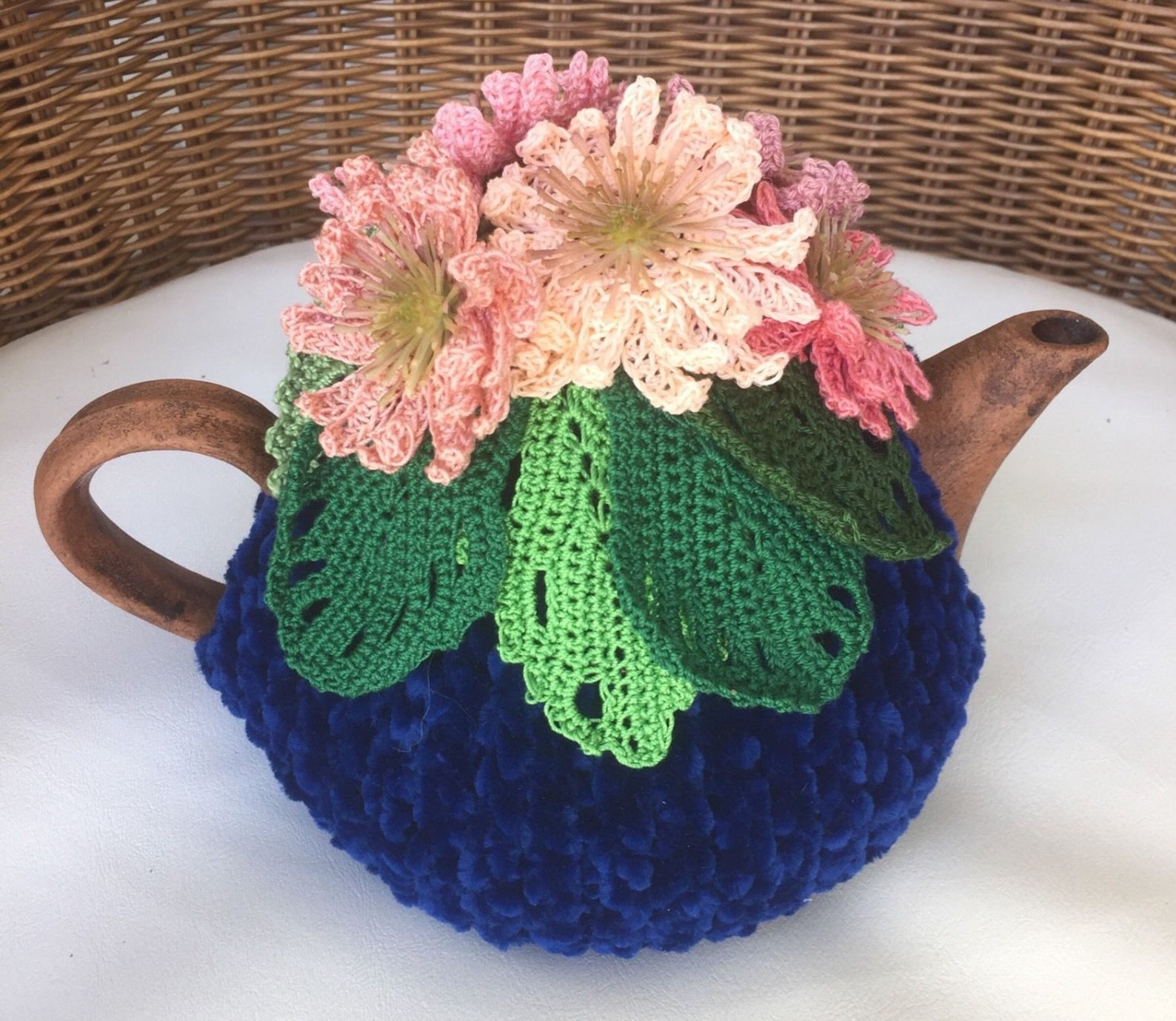Crochet Tea Cozy Blue Tea Cover Pink Flower Tea Cosy Tea Warmer Crochet ...