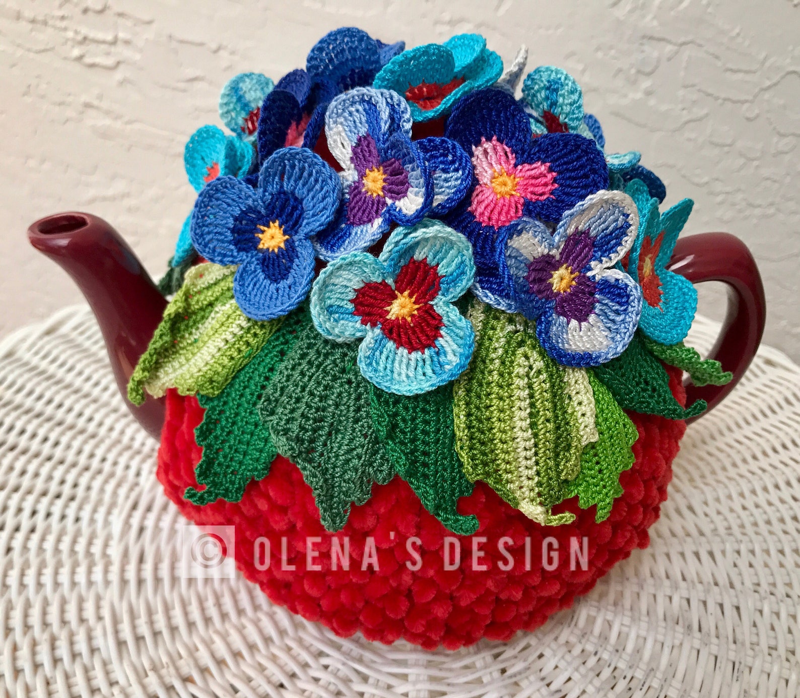 Crochet Tea Cozy Red Tea Cover Blue Pansy Tea Cosy Tea Warmer Crochet ...