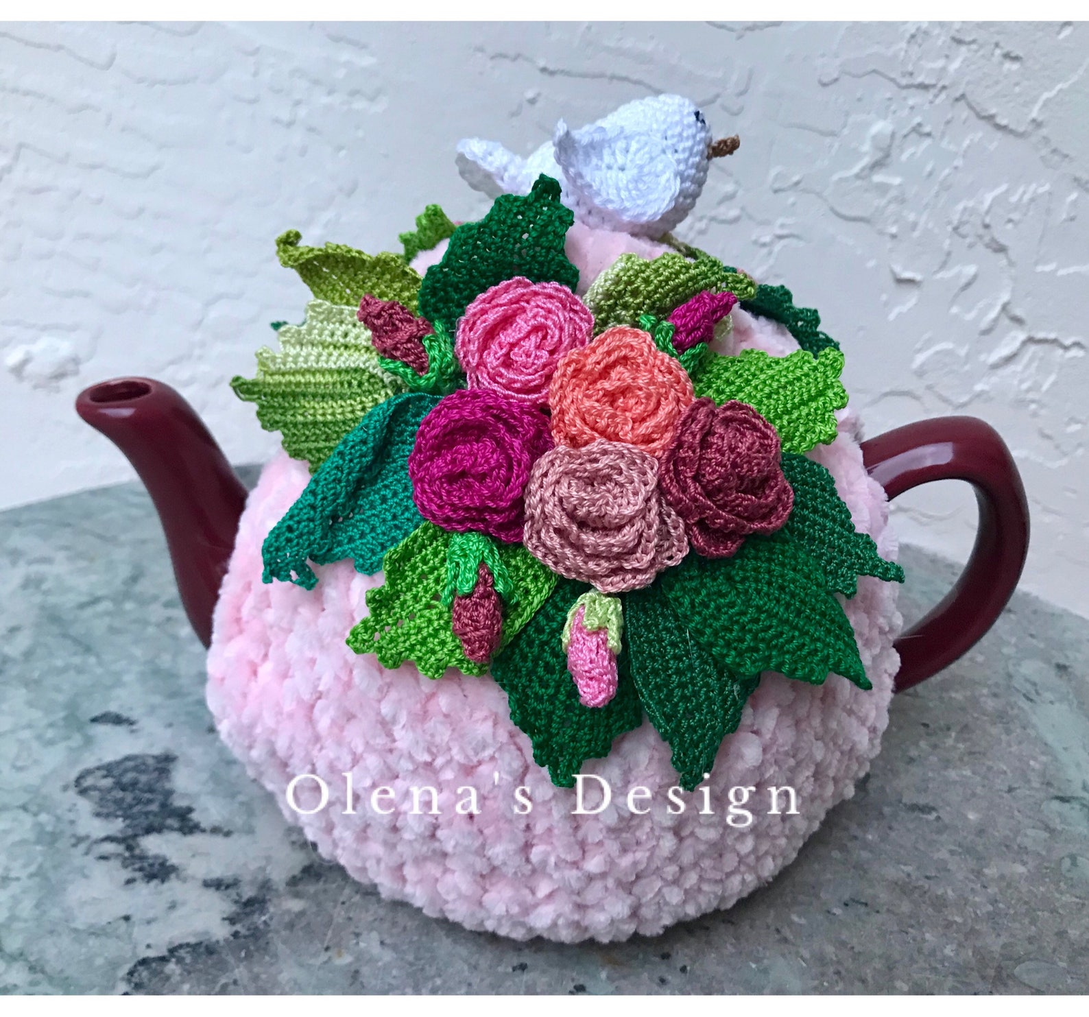 Crochet Tea Cozy Pink Tea Cover Roses Cosy Warmer Pink Roses Heart ...