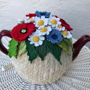 Crochet Tea Cozy Beige Tea Cover Poppy Daisy Flower Tea Cosy Tea Warmer ...