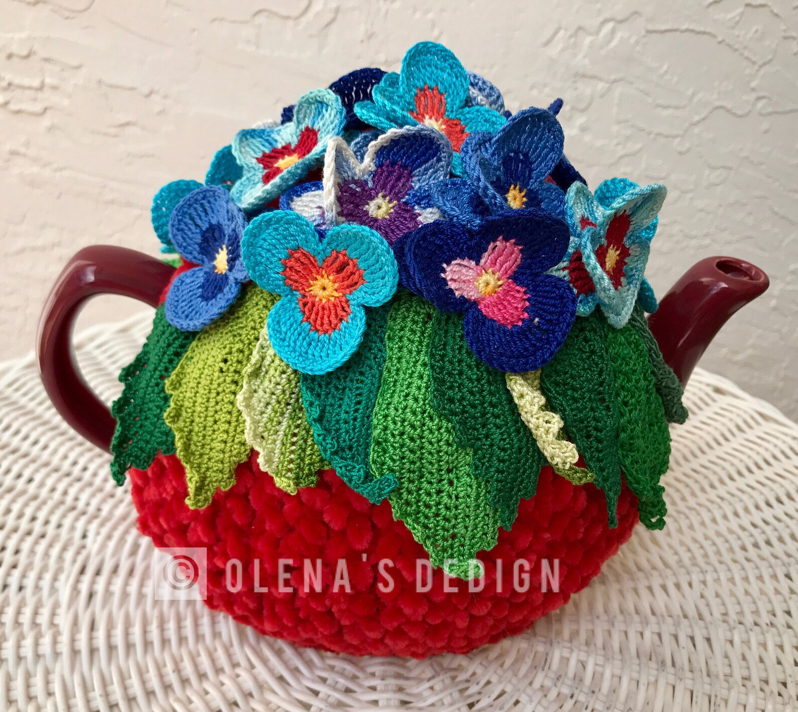 Crochet Tea Cozy Red Tea Cover Blue Pansy Tea Cosy Tea Warmer Crochet ...