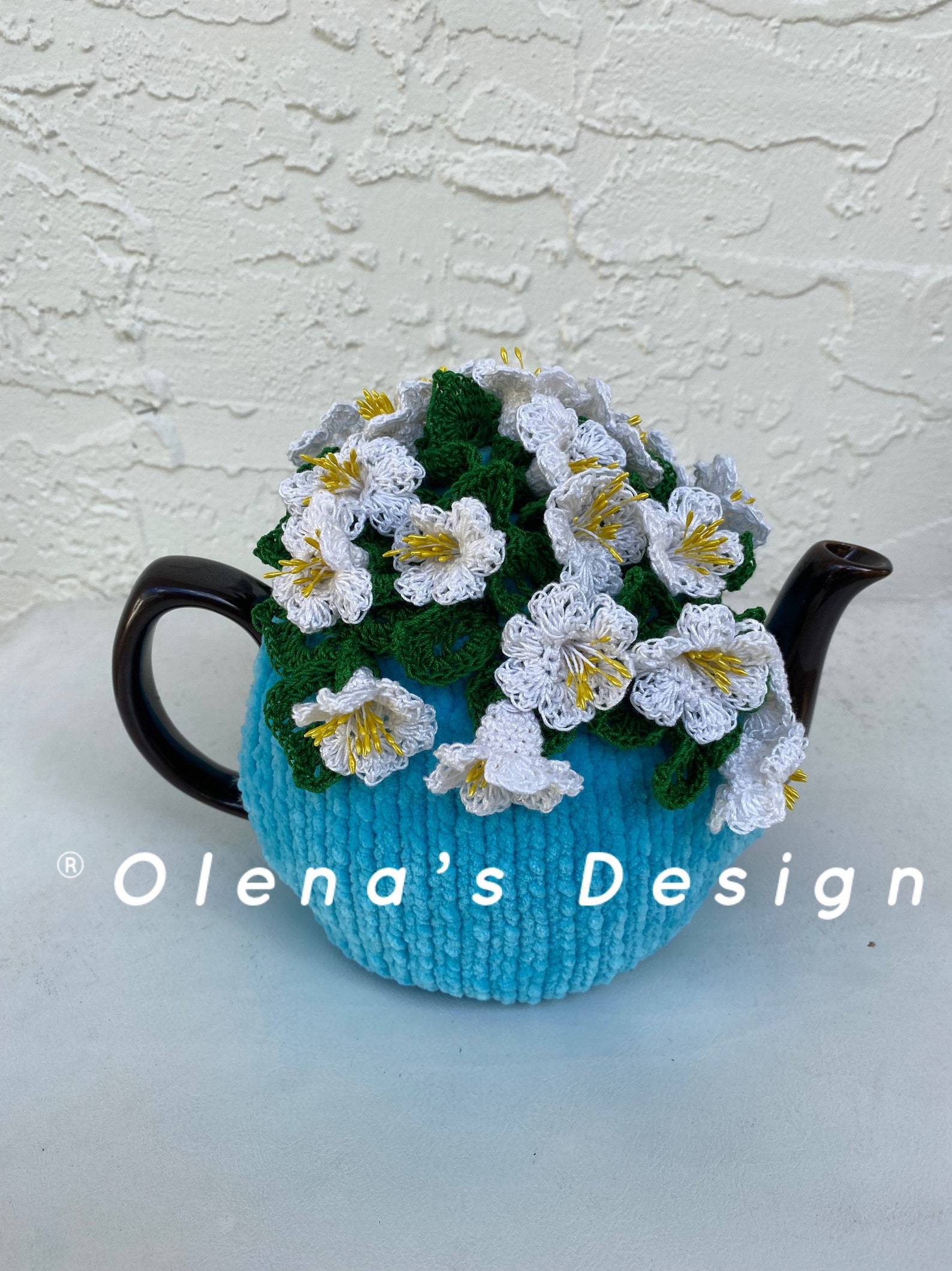 Crochet Tea Cozy Blue Tea Cover White Blossom Tea Cosy Tea Warmer ...