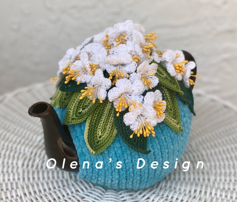 Crochet tea cozy blue tea cover white blossom tea cosy tea | Etsy
