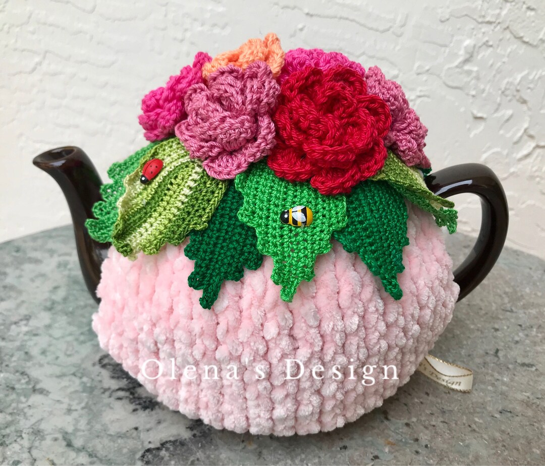 Crochet Tea Cozy Pink Tea Cover Roses Tea Cosy Warmer Pink Roses Flower ...