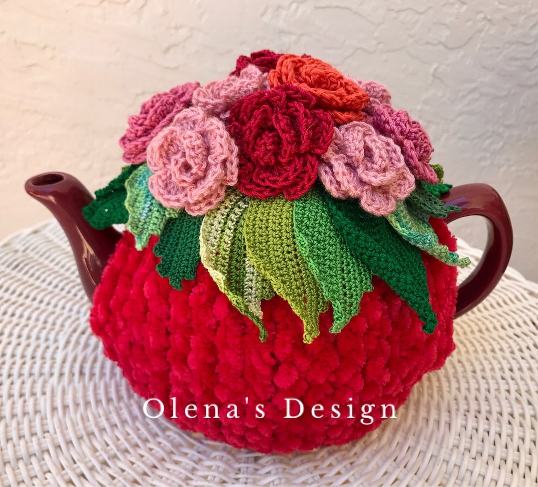 Crochet Tea Cozy Red Tea Cover Red Pink Roses Tea Cosy Tea Warmer ...