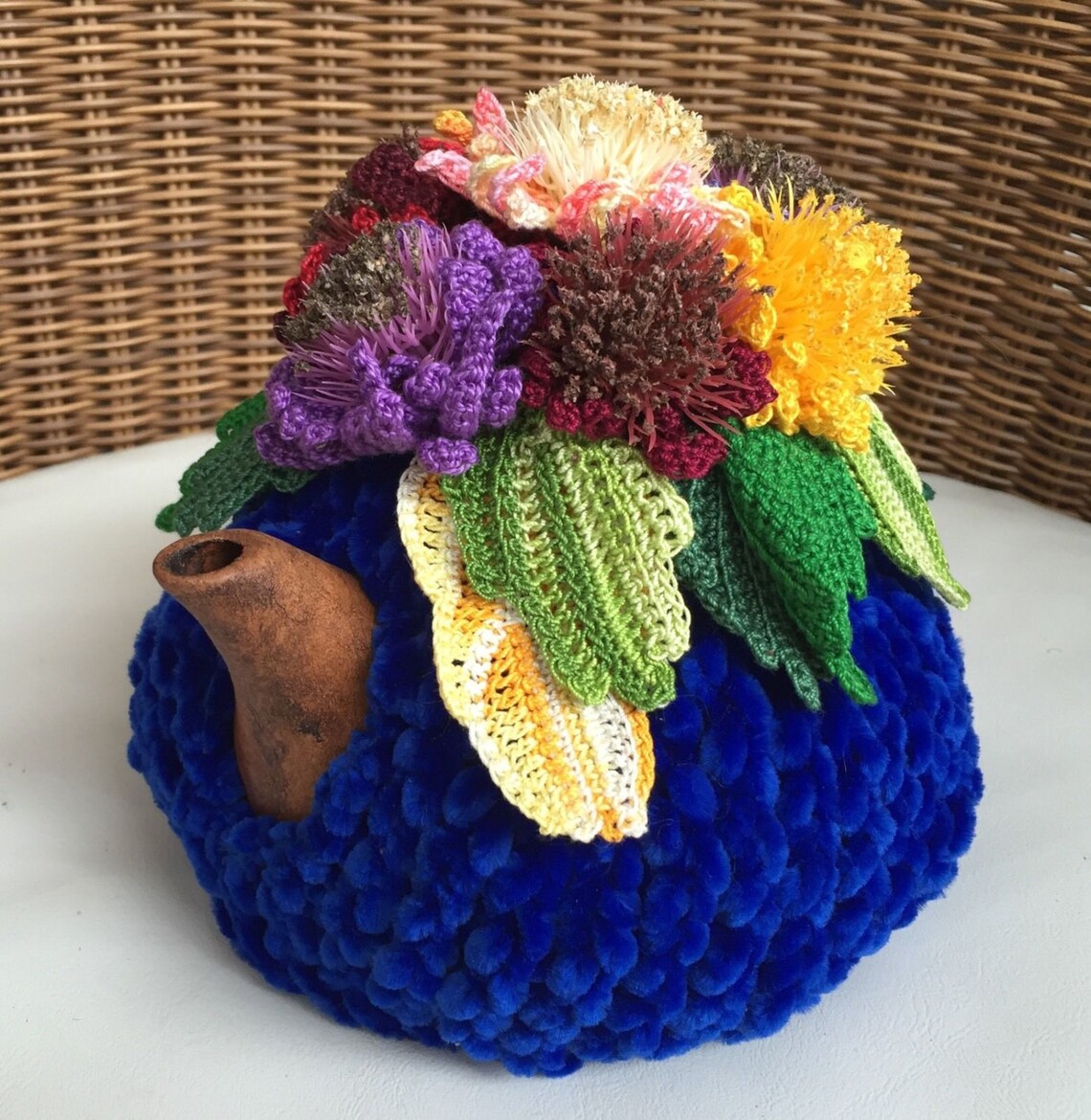 Crochet Tea Cozy Blue Tea Cover Trolles Flower Tea Cosy Tea Warmer ...