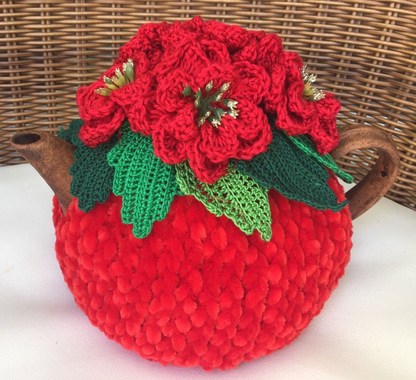 Crochet Tea Cozy Red Tea Cover Poinsettia Tea Cosy Tea Warmer Crochet ...