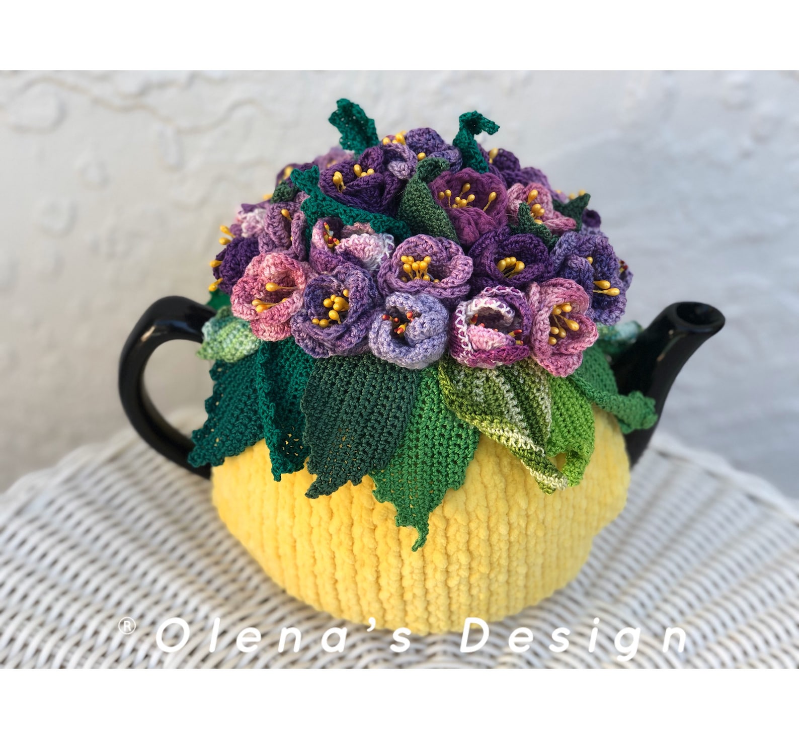 Crochet Tea Cozy Yellow Tea Cover Purple Pink Tulips Field Tea Cosy ...