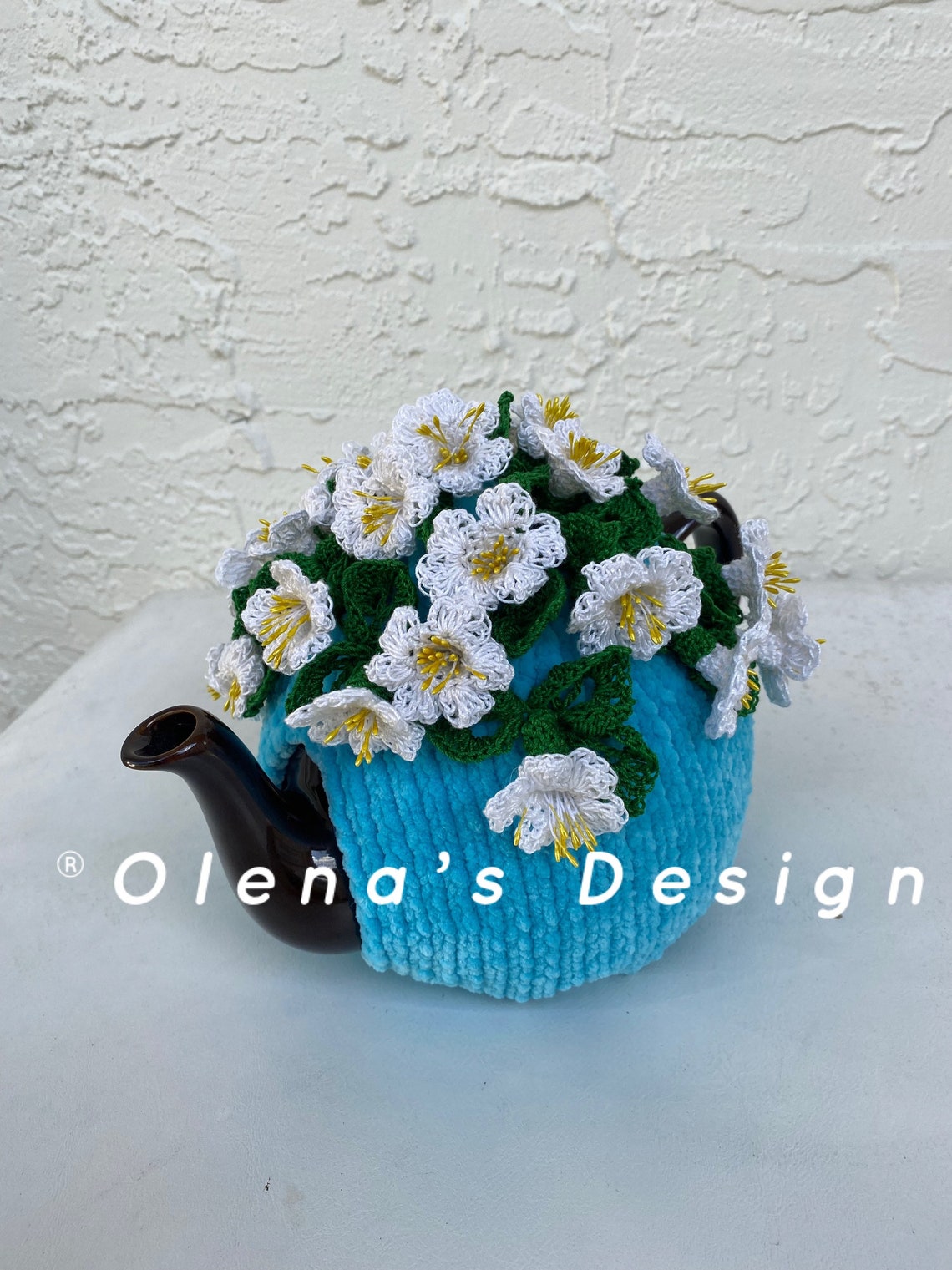 Crochet Tea Cozy Blue Tea Cover White Blossom Tea Cosy Tea Warmer ...
