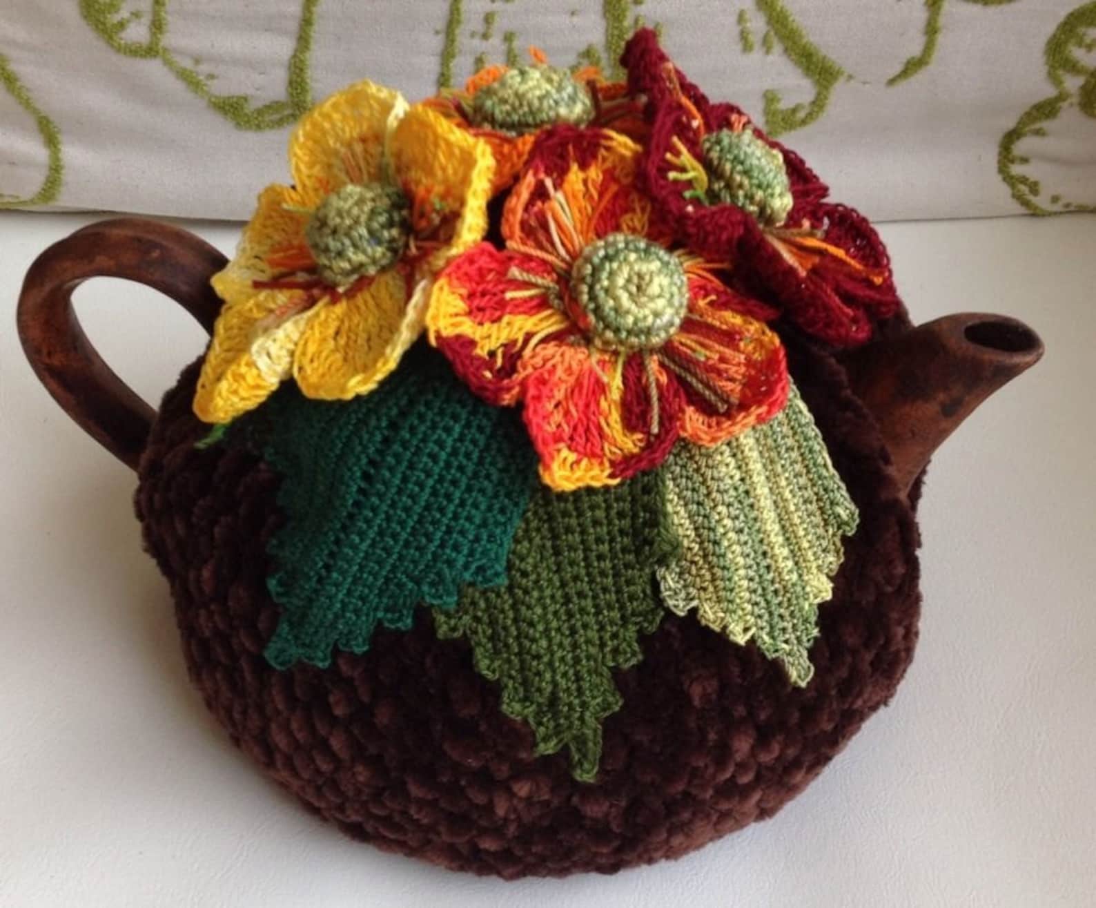 Crochet Tea Cozy Brown Tea Cover Autumn Flower Tea Cosy Tea - Etsy