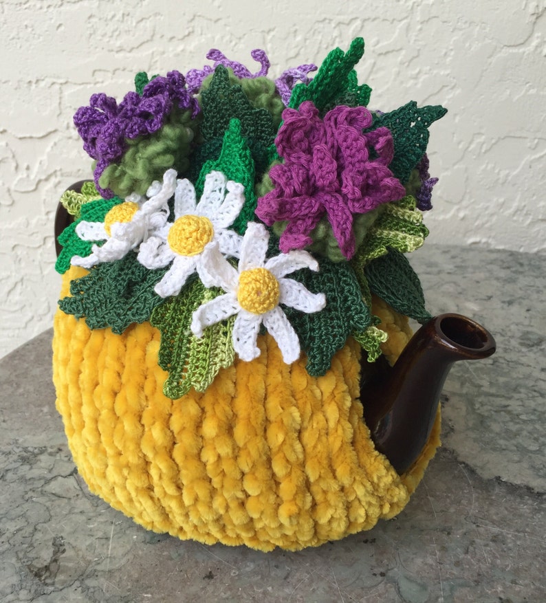 Crochet Tea Cozy Yellow Tea Cover Flower Tea Warmer Purple - Etsy Australia