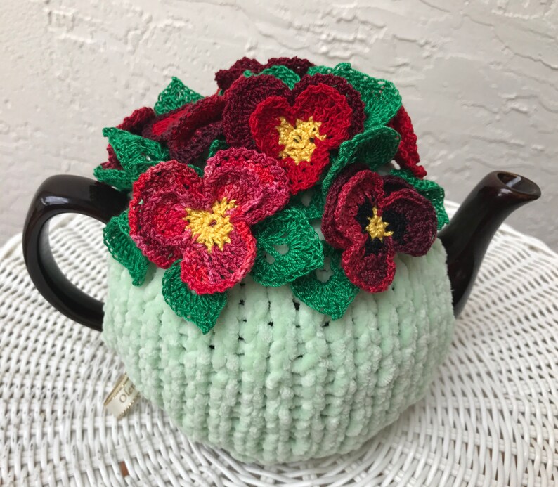 Crochet Tea Cozy Green Tea Cover Red Pansy Tea Cosy Tea Warmer Crochet ...