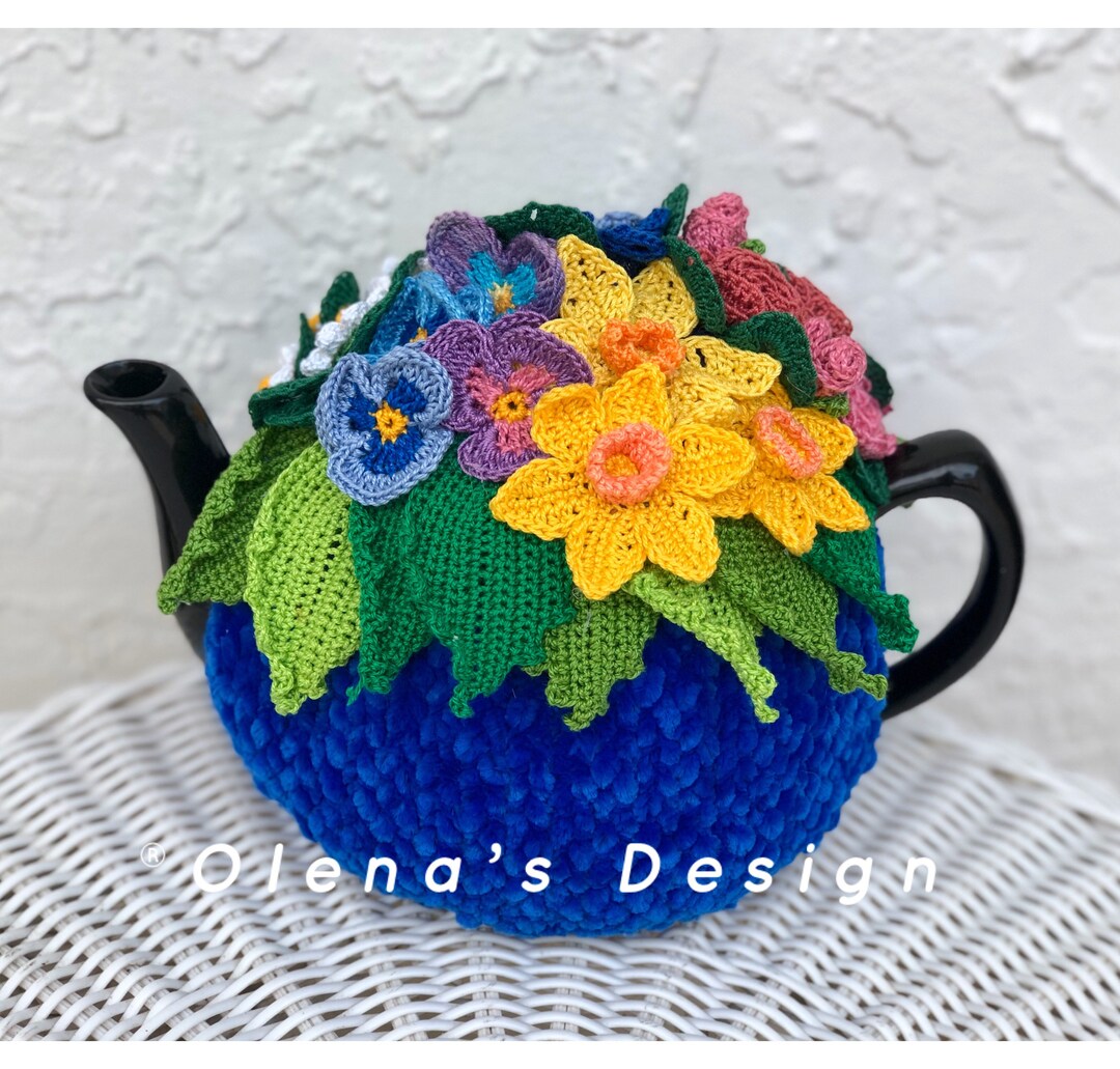 Crochet Tea Cozy Blue Tea Cover Spring Flower Tea Cosy Tea Warmer ...