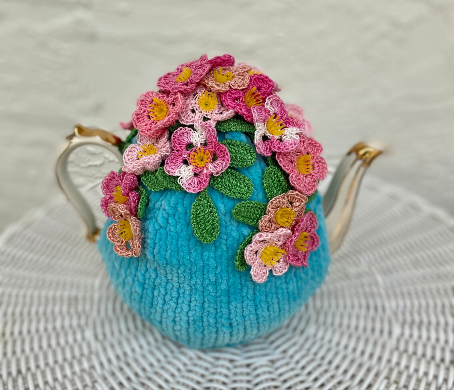 Crochet Tea Cozy Blue Tea Cover Cherry Blossom Tea Cosy Tea | Etsy