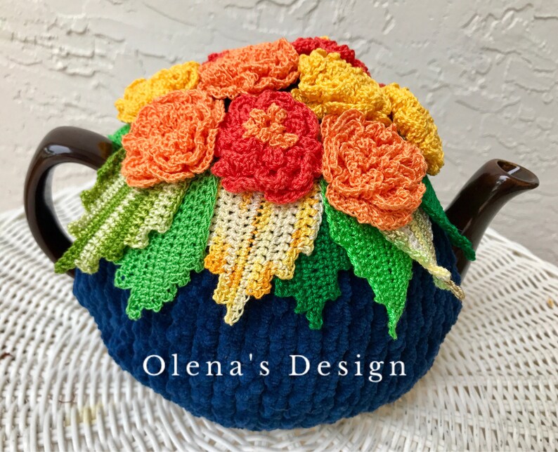 Crochet tea cozy navy blue tea cover marigold flower tea cosy | Etsy