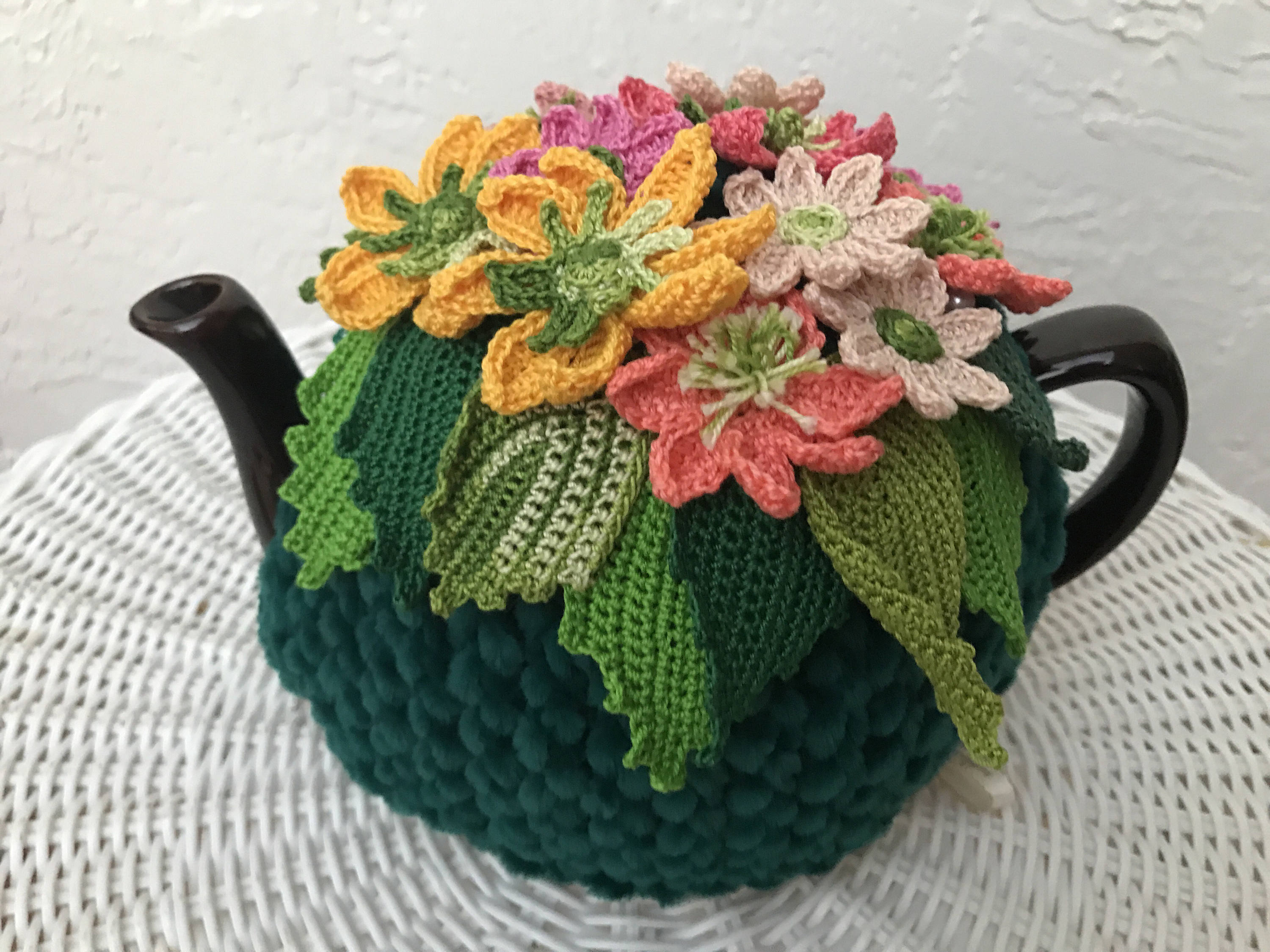 Crochet Tea Cozy Green Tea Cover Spring Flower Pink Yellow Tea Cosy Tea ...