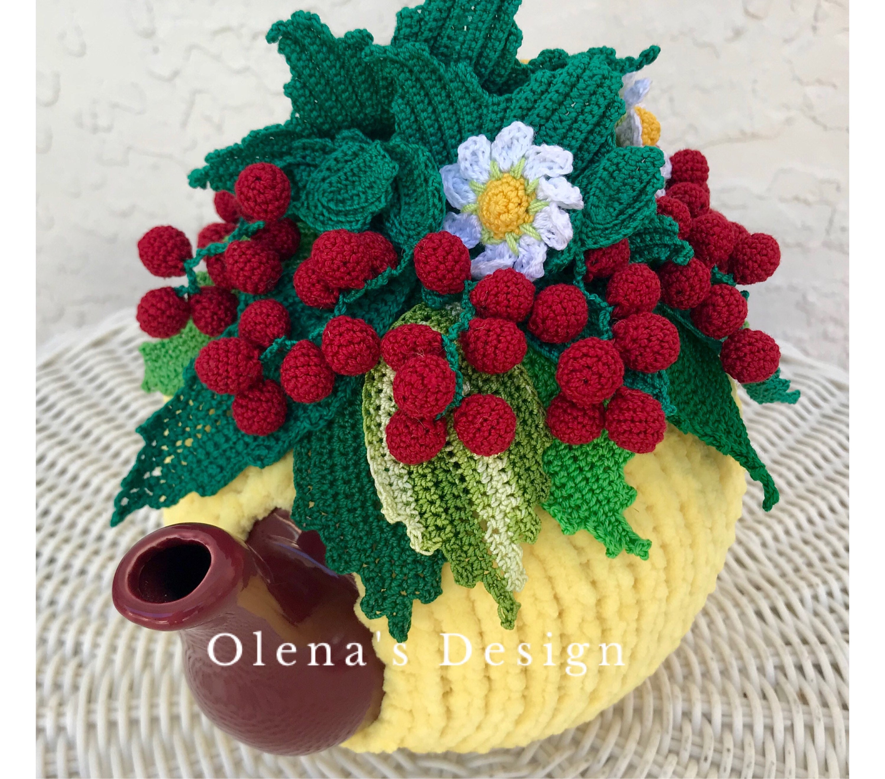 Crochet tea cozy yellow tea cover red currant cosy warmer | Etsy