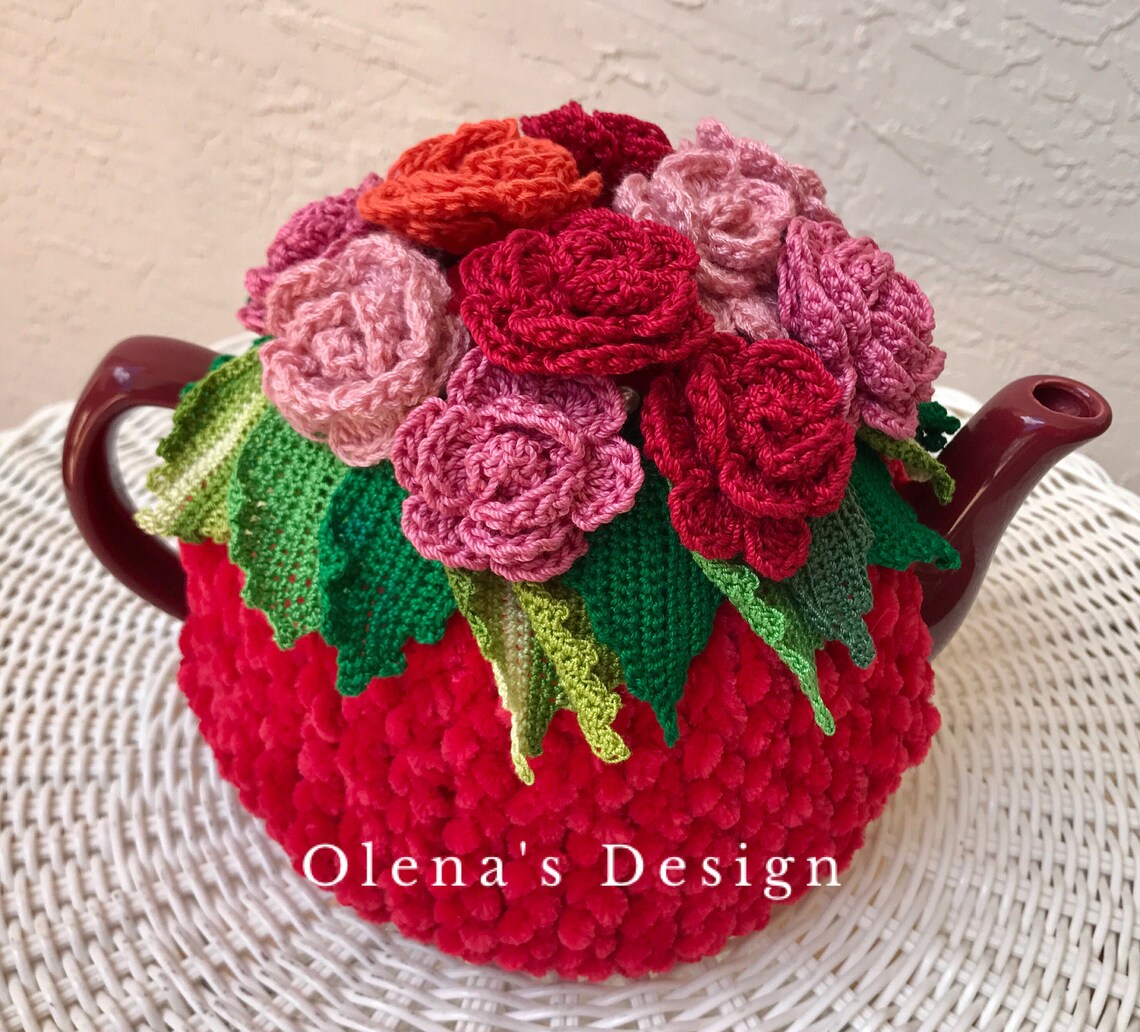 Crochet Tea Cozy Red Tea Cover Red Pink Roses Tea Cosy Tea Warmer ...