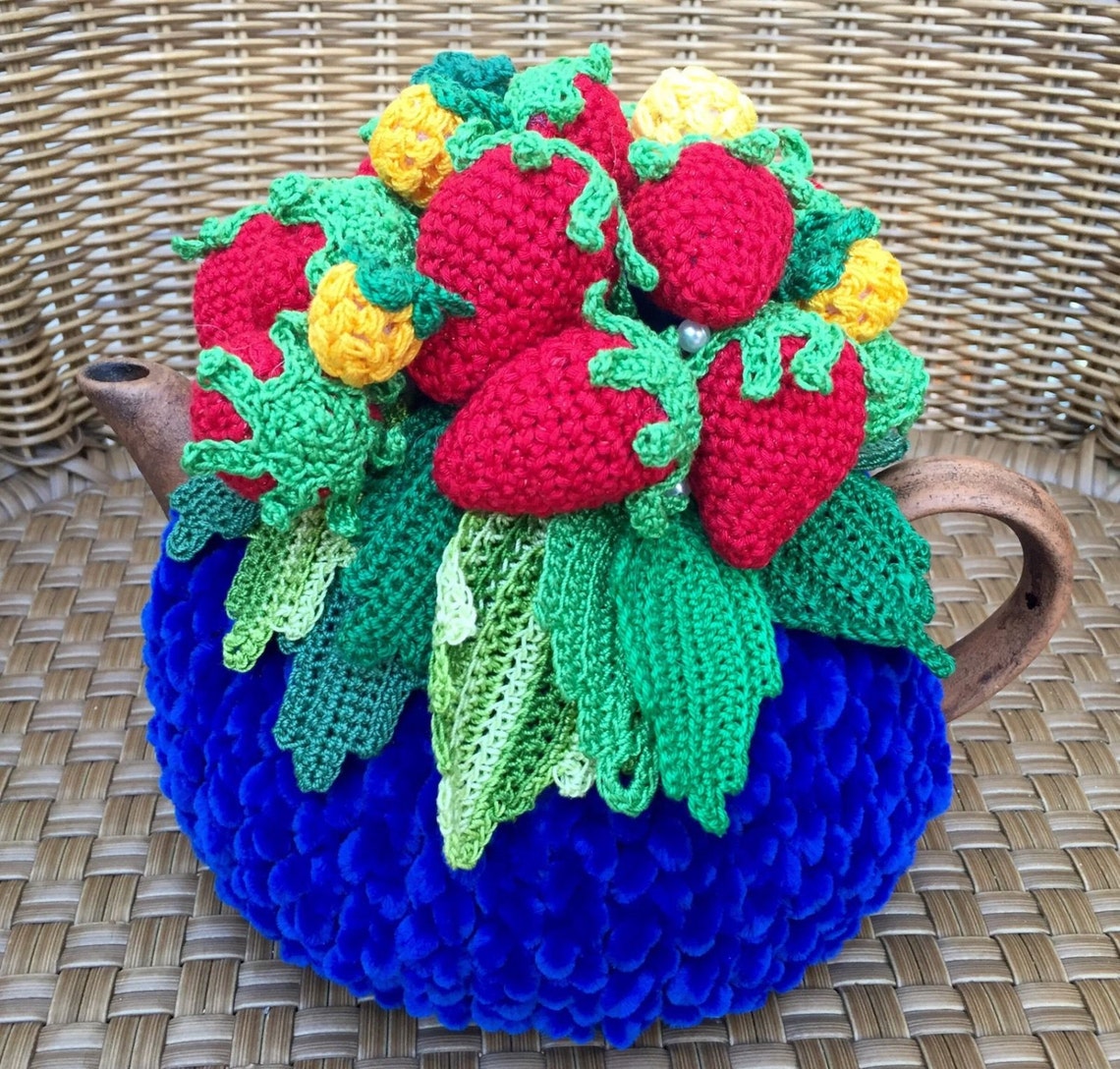 Crochet Tea Cozy Blue Tea Cover Strawberry Tea Cosy Tea Warmer Crochet ...