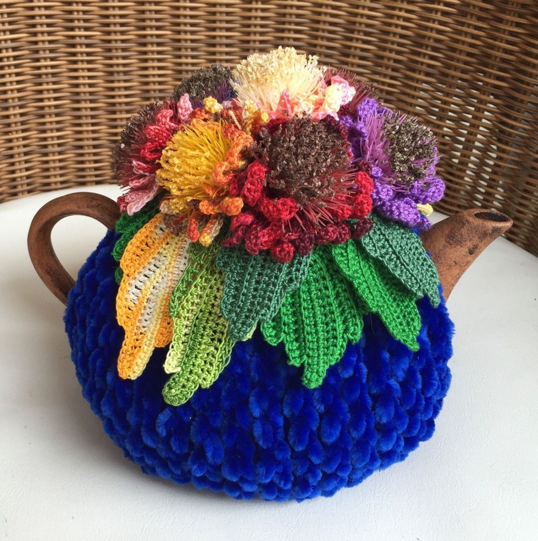 Crochet Tea Cozy Blue Tea Cover Trolles Flower Tea Cosy Tea Warmer ...