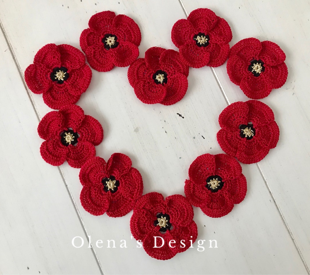 Set of 10 Crochet Red Poppy Flower Cotton Thread Appliqué Flower Poppy ...