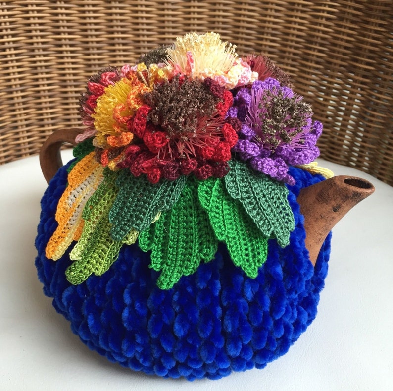 Crochet Tea Cozy Blue Tea Cover Trolles Flower Tea Cosy Tea | Etsy