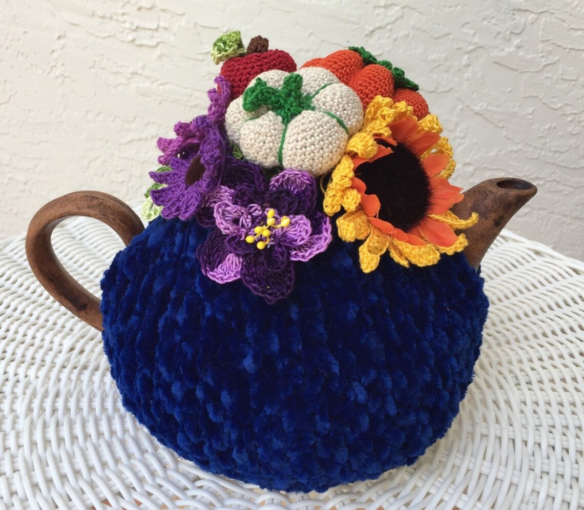 Crochet Tea Cozy Blue Tea Cover Sunflower Tea Cosy Tea Warmer | Etsy
