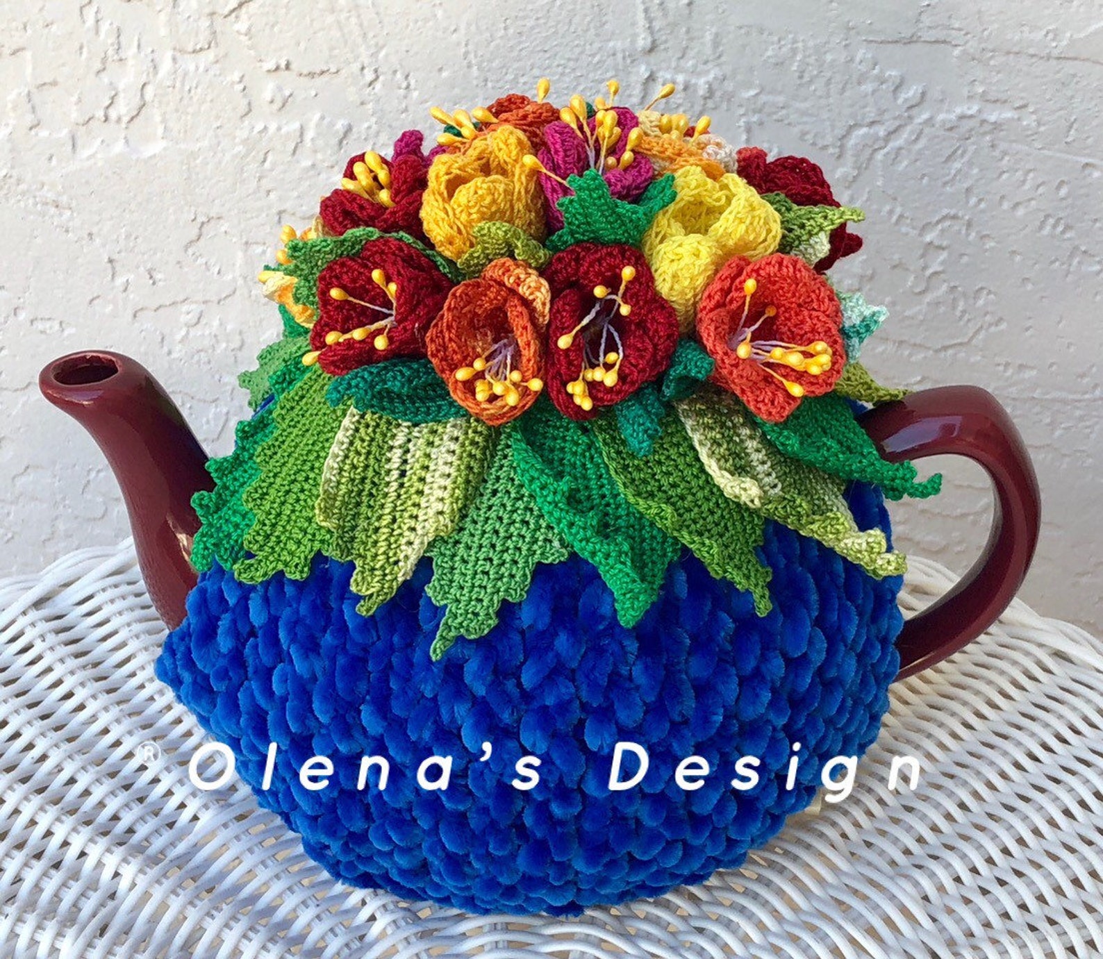 Crochet Tea Cozy Blue Tea Cover Tulips Field Tea Cosy Tea Warmer ...