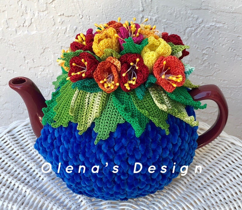 Crochet Tea Cozy Blue Tea Cover Tulips Field Tea Cosy Tea Warmer ...