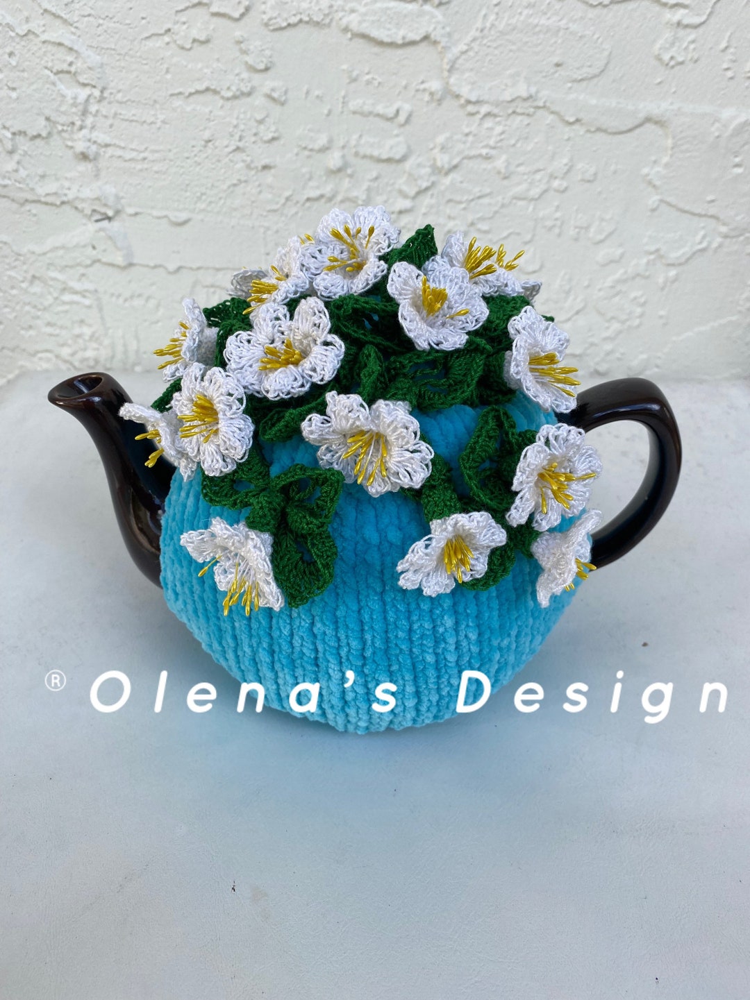 Crochet Tea Cozy Blue Tea Cover White Blossom Tea Cosy Tea Warmer ...