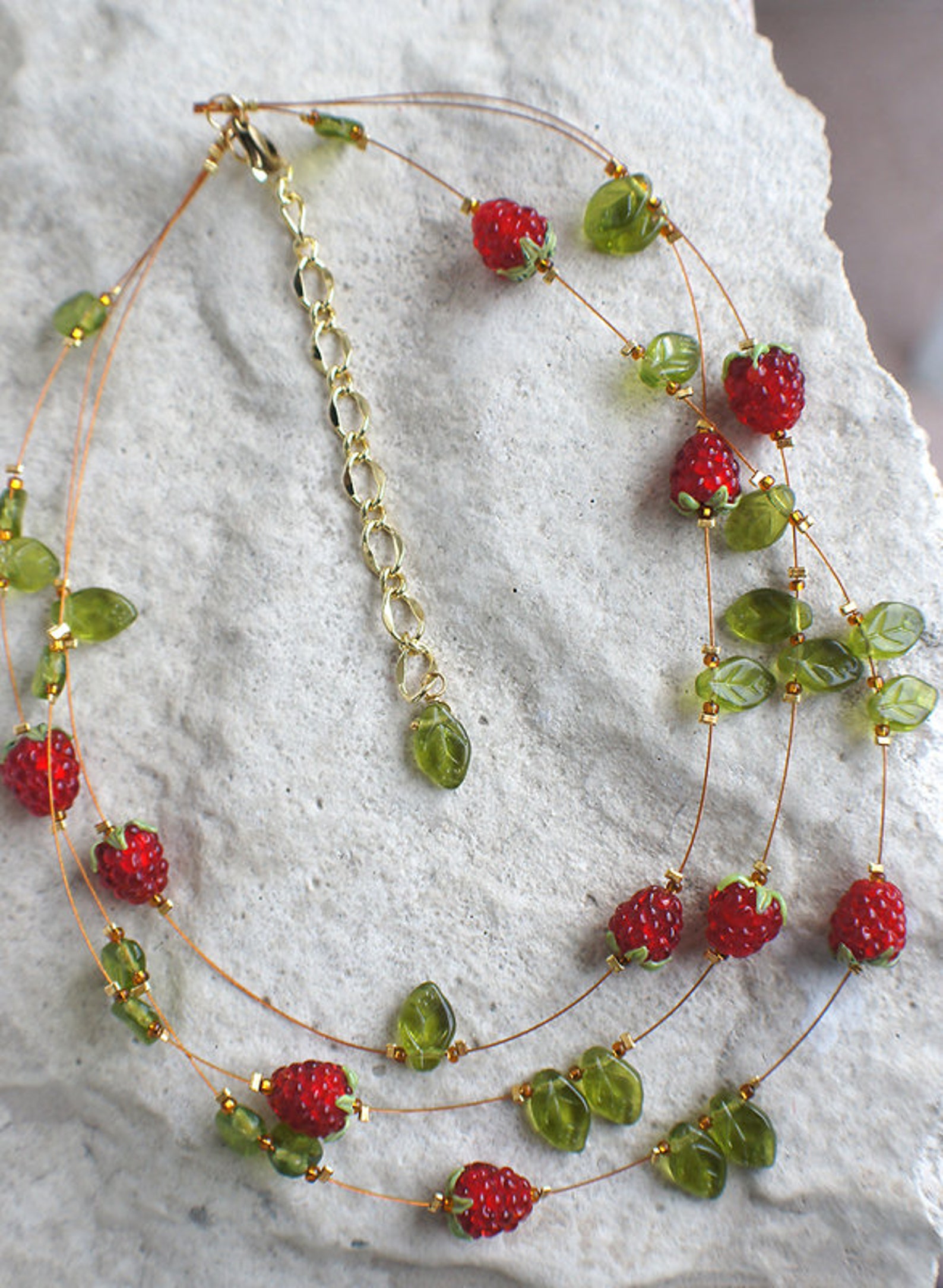 Raspberry Necklace Great Boho Olive Green Necklace Lampwork Berries ...