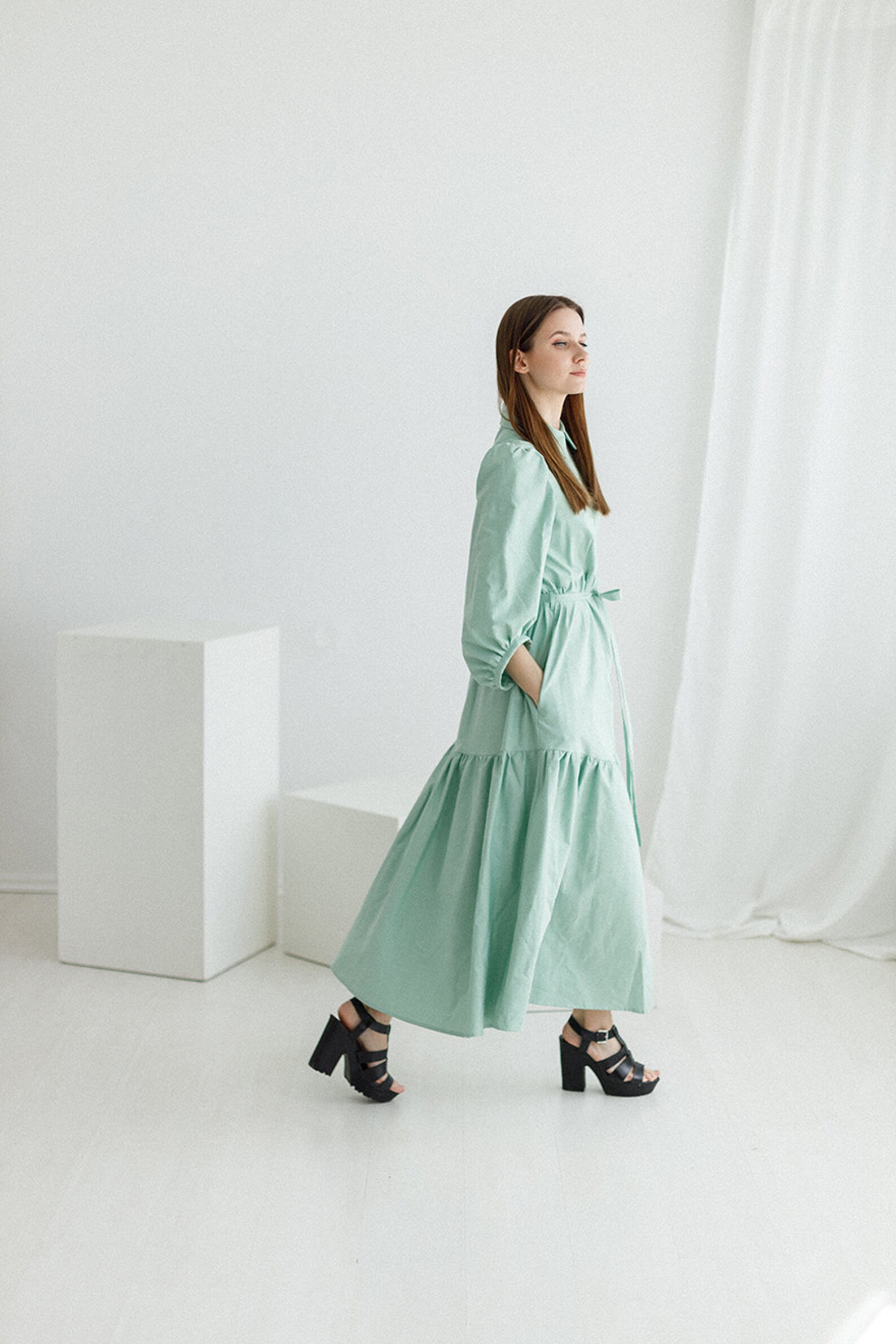 Cotton Tiered Maxi Dress With Belt Maxi Gathered Panels - Etsy