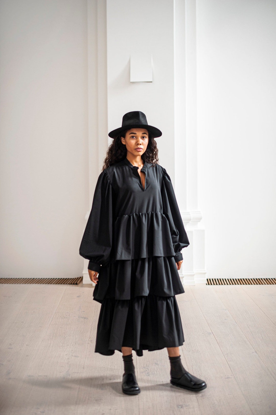 Black Longline Ruffle Dress With Puff Sleeves, Elegant Tiered Wool ...