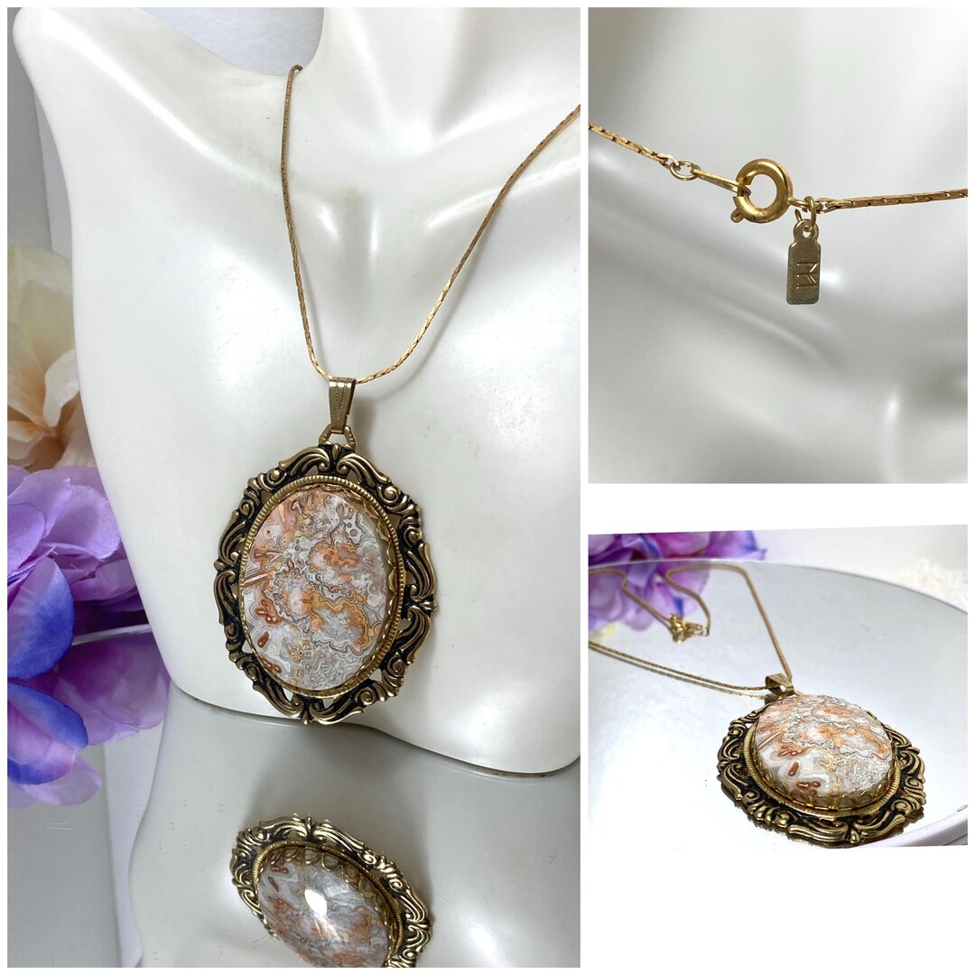 Vintage Gold-tone Pendant With Possible Jasper or Crazy Lace Agate ...