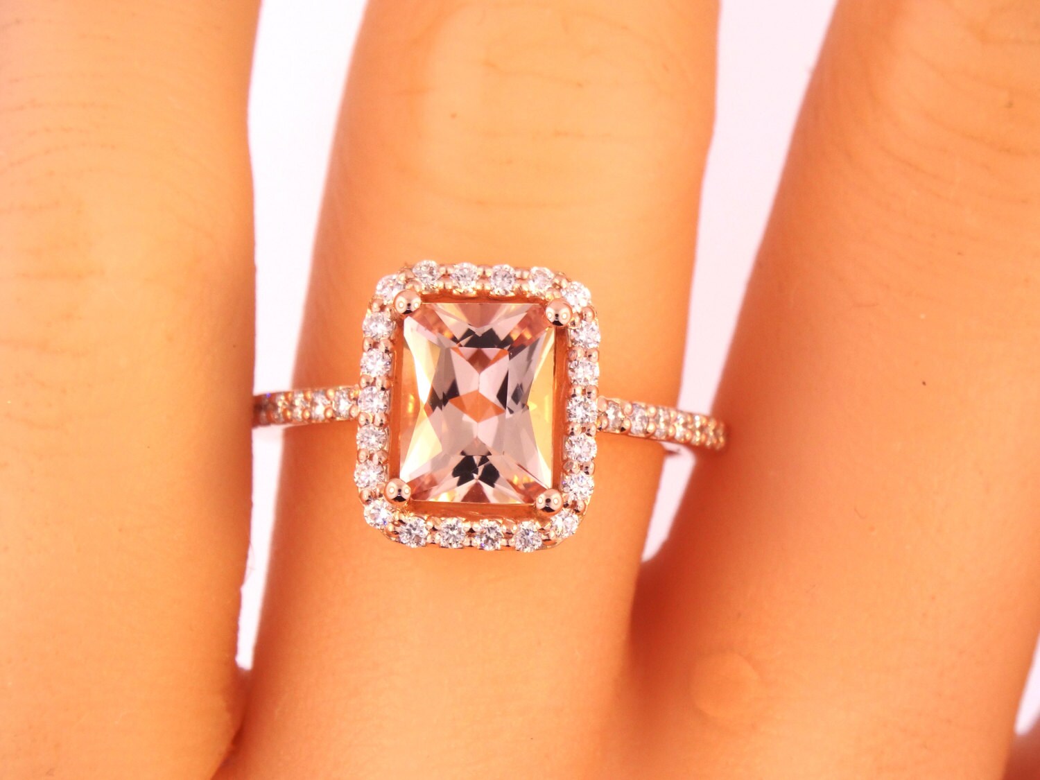 14k Rose Gold Emerald Cut Morganite And Diamond Engagement Etsy