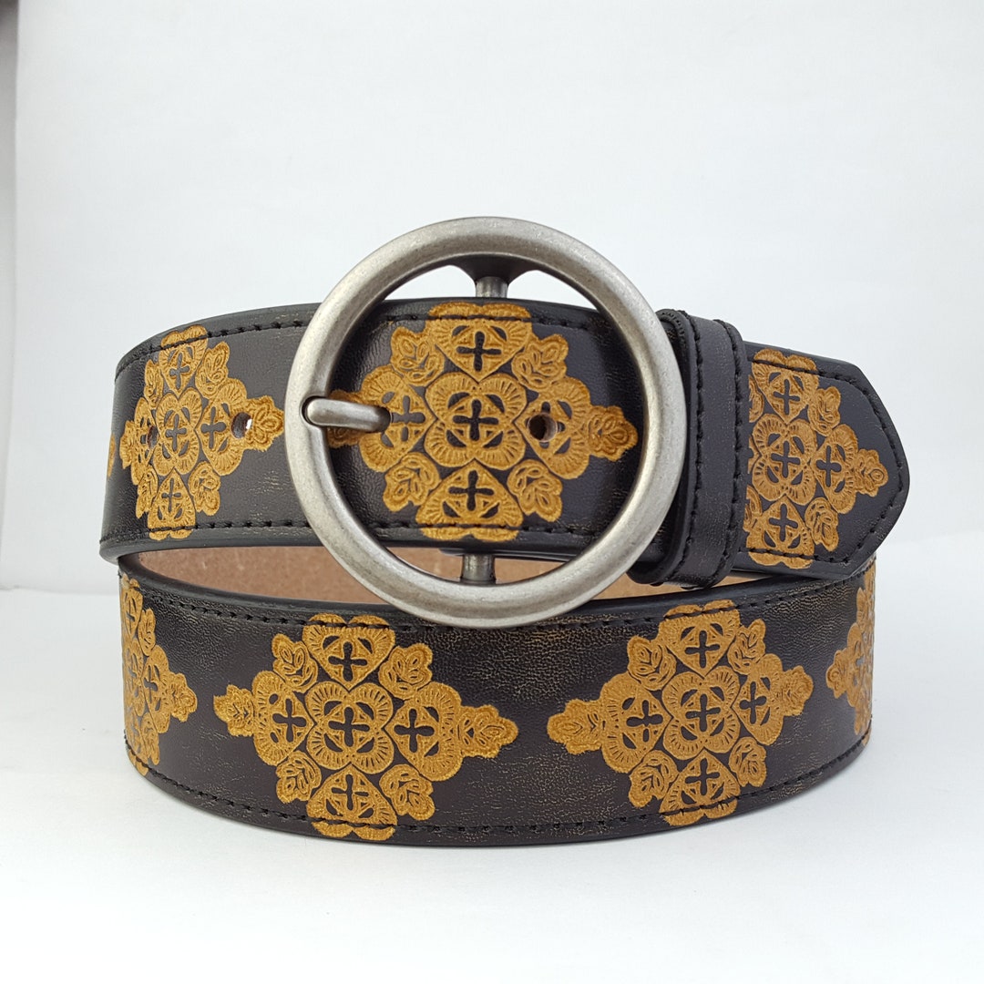 Vintage Hand Painted Tooled Belt W. Round Buckle - Etsy