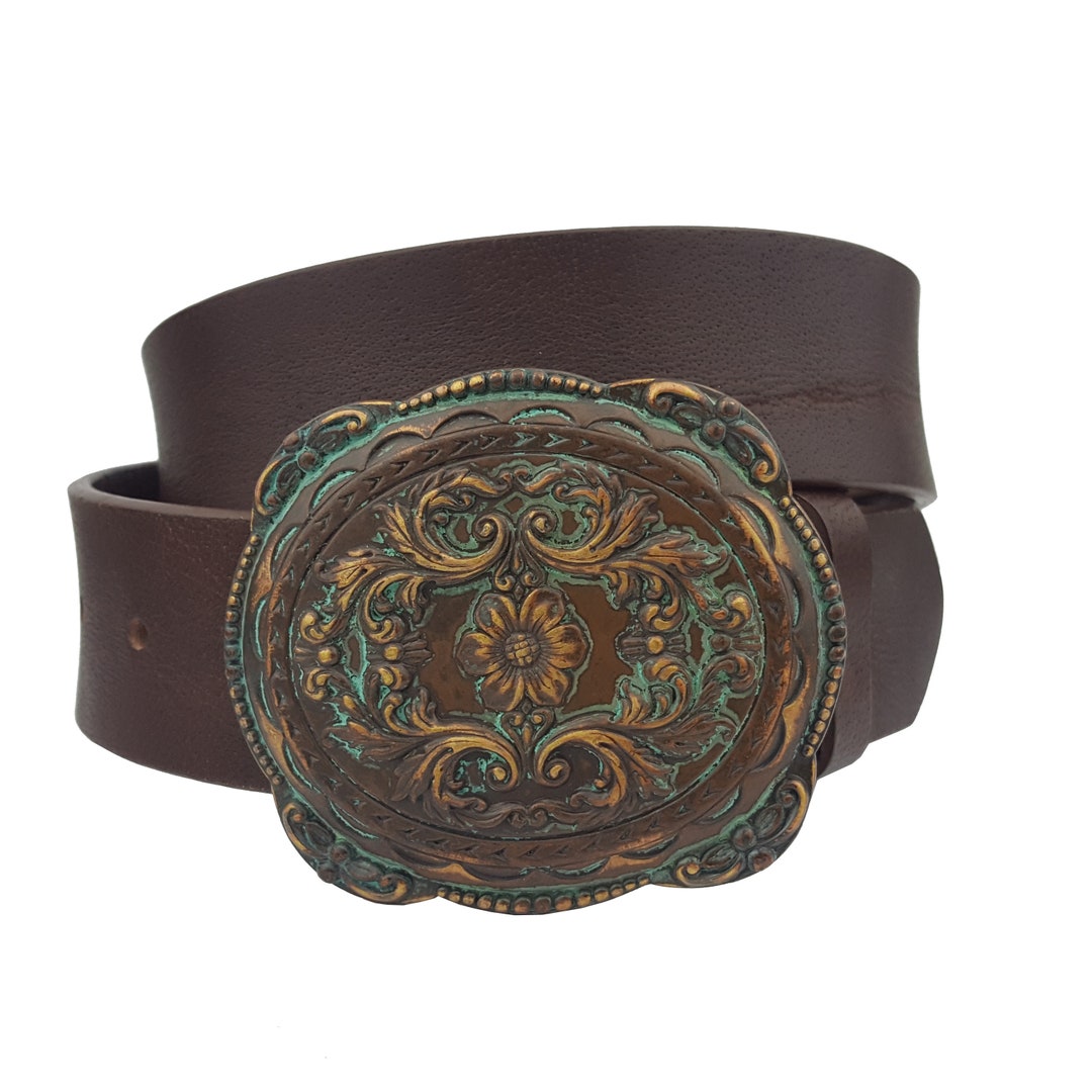 Vintage Brass With Patina Buckle in Genuine Leather Belt - Etsy