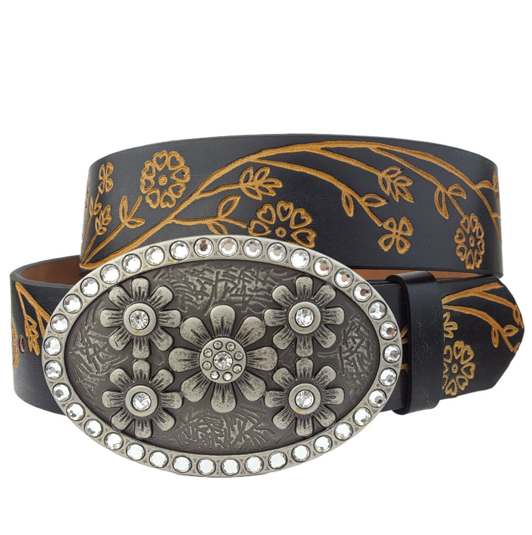 Oval Crystal Floral Buckle With Floral Embossed Belt - Etsy