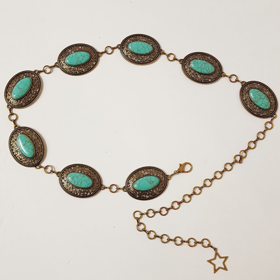 Western Style Oval Concho Chain Belt With Blue Stone - Etsy