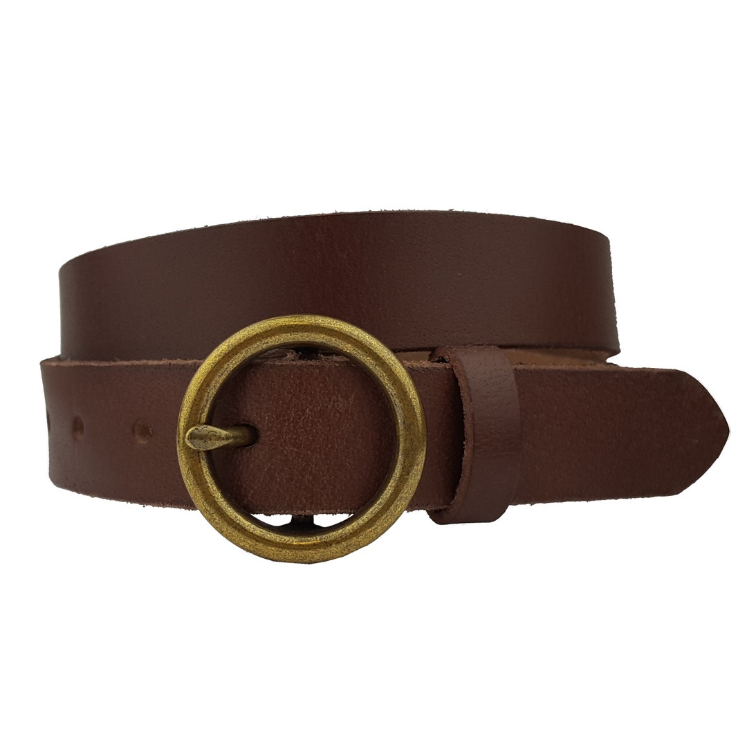Genuine Leather Belt With Round Buckle in Brass Plating Finish - Etsy