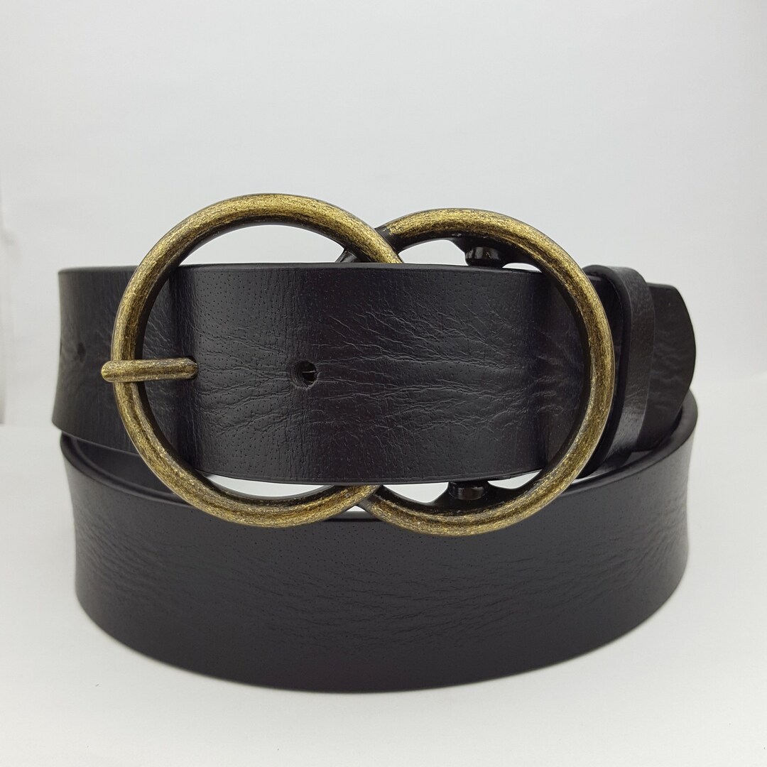 Genuine Black Leather Belt With Vintage Brass Double Round - Etsy