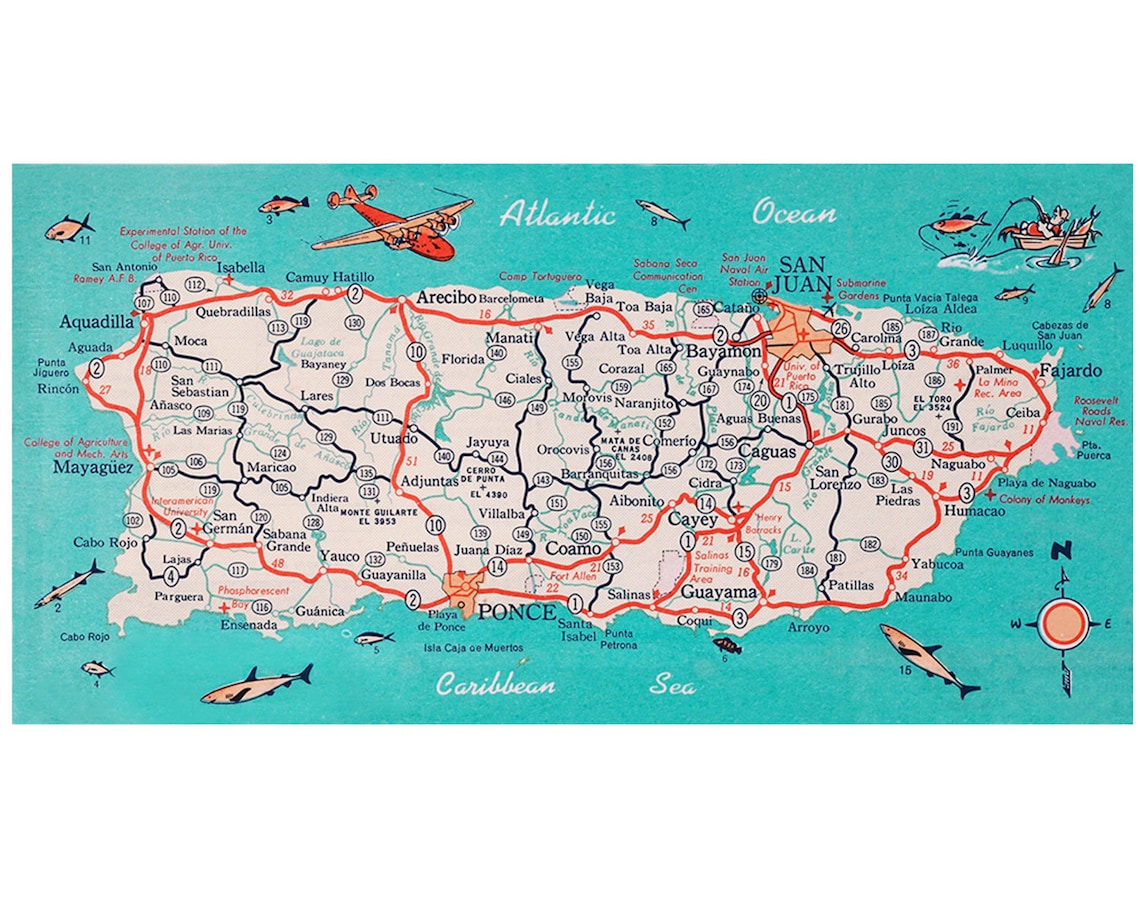 Puerto Rico Retro Beach Map Panoramic Print Funky Vintage Turquoise ...