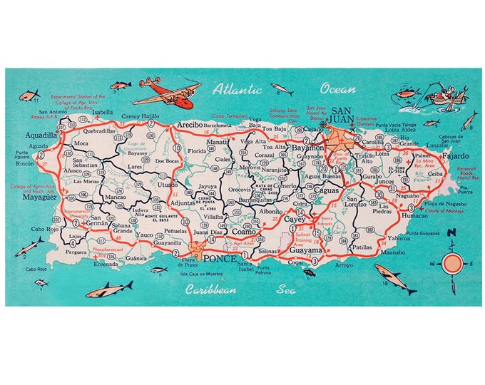 Puerto Rico Retro Beach Map Panoramic Print Funky Vintage Turquoise ...