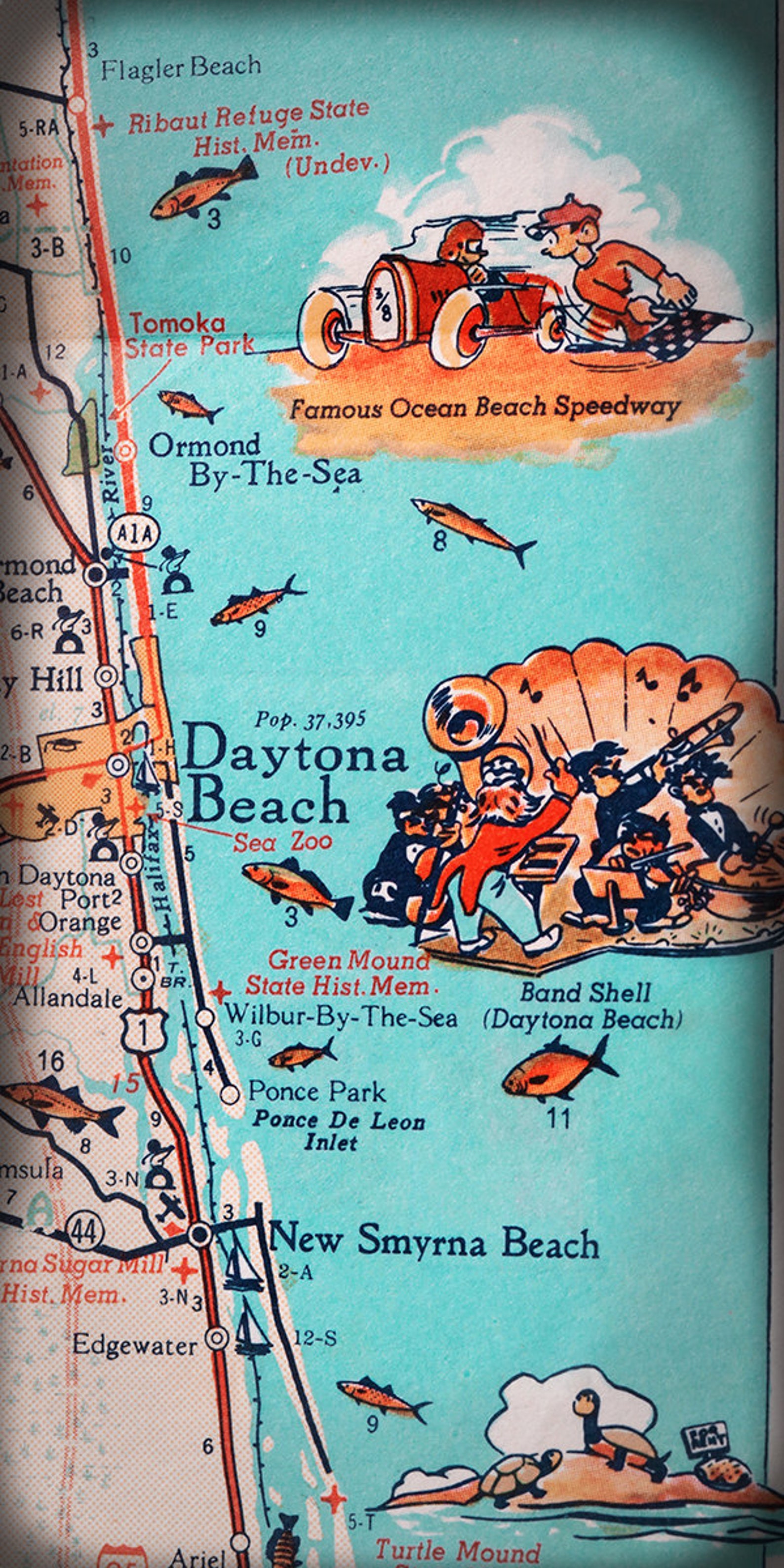 Daytona Beach Ormand Beach Retro Beach Map Panoramic Print Funky ...