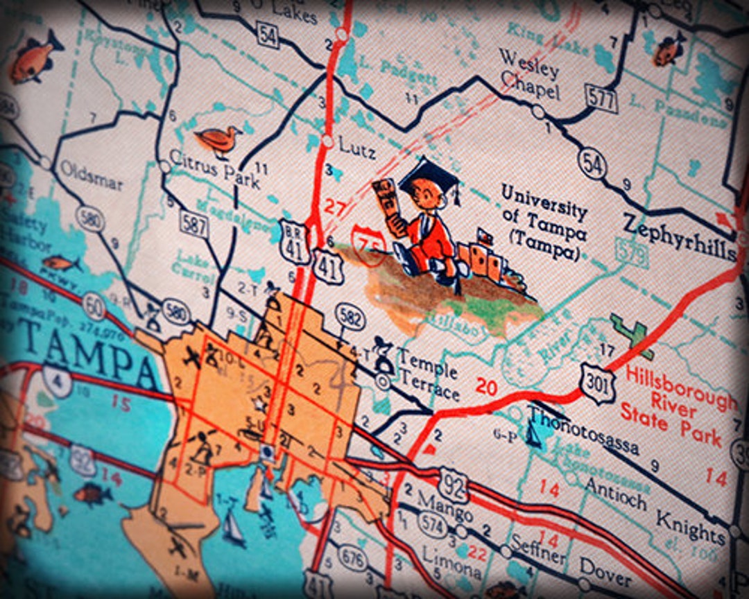 University of Tampa UT College Retro Map Print Funky Vintage Turquoise ...