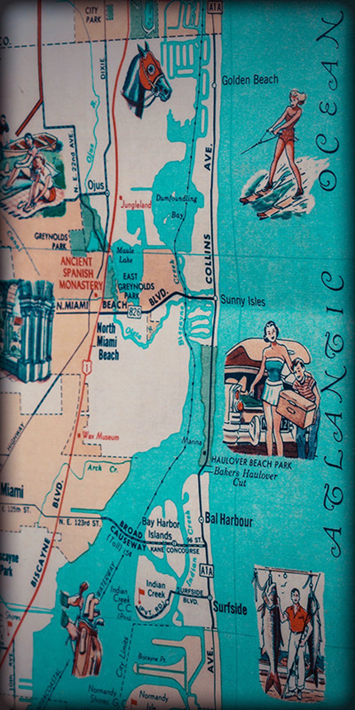 North Miami Sunny Isles Haulover Beach Bal Harbour Retro Beach Map ...