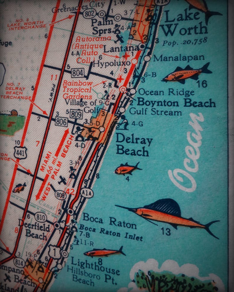 Delray Boynton Boca Raton Hillsboro Beach Retro Beach Map Print Funky ...